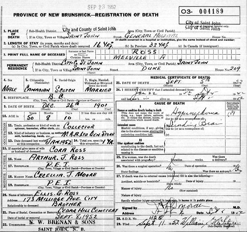 Nova Scotia Roots - ROSS, Melville Arthur (58801)