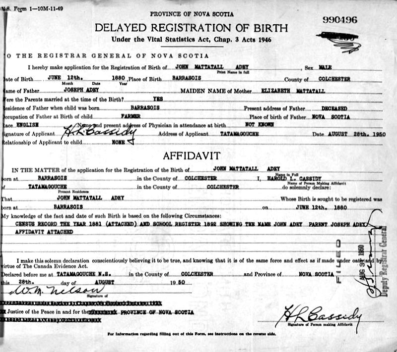 Nova Scotia Roots - ADEY, John Mattatall (65709)