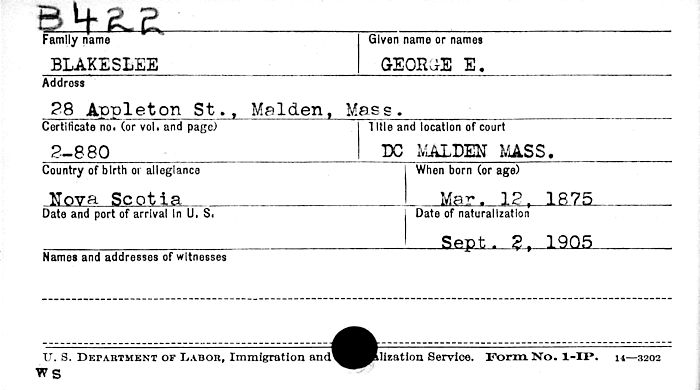 Nova Scotia Roots - BLAKESLEE, George Esty (58997)